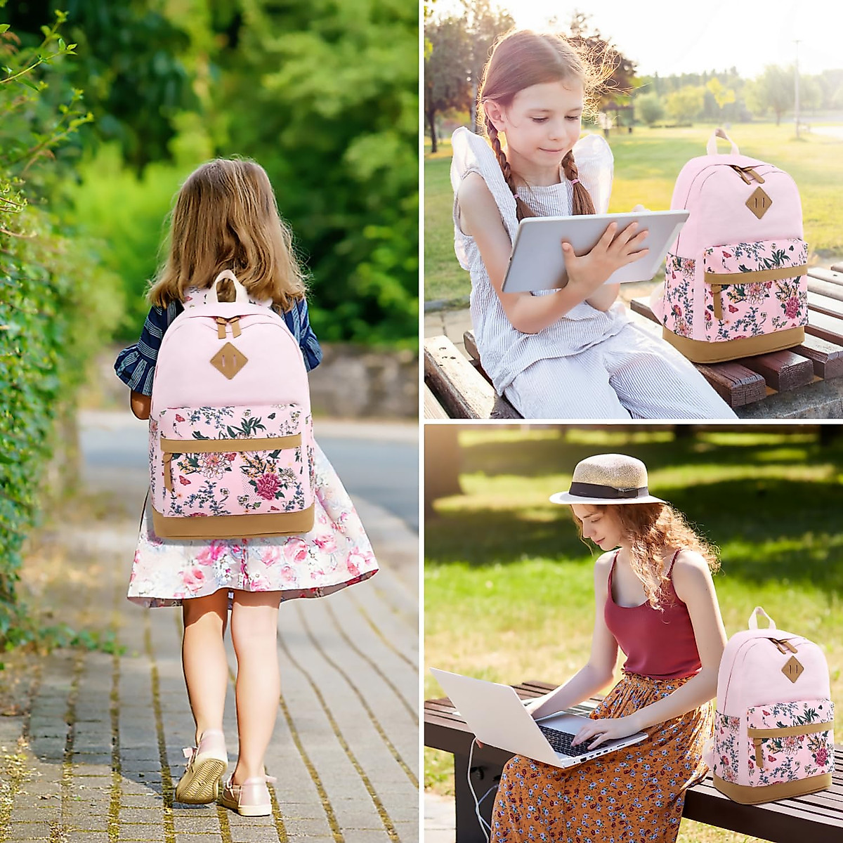 Leaper Girls Cute Backpack for School Laptop Backpack Canvas Travel Backpack for Women Kids Backpack College Kawaii Bookbag School Bags Floral Pink