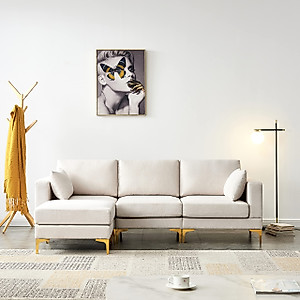 kevinplus 93'' Sectional Sofa Couch for Living Room with Convertible Chaise Ottoman, Modern 3-Seat L-Shape Sofa Couch with Golden Metal Legs for Bedroom Home Office Apartment Small Space, Beige