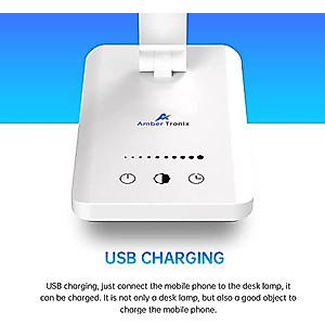 Ambertronix LED Desk Lamp with USB Charging Port, Dimmable Eye-Caring Reading Desk Light for Home, with 5 Brightness Level & 3 Lighting Modes, Touch Control, Auto Timer (White)