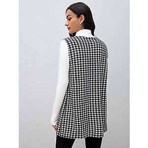 WDIRARA Women's Plaid Button Open Front Sleeveless Blazer Jacket Black Houndstooth L