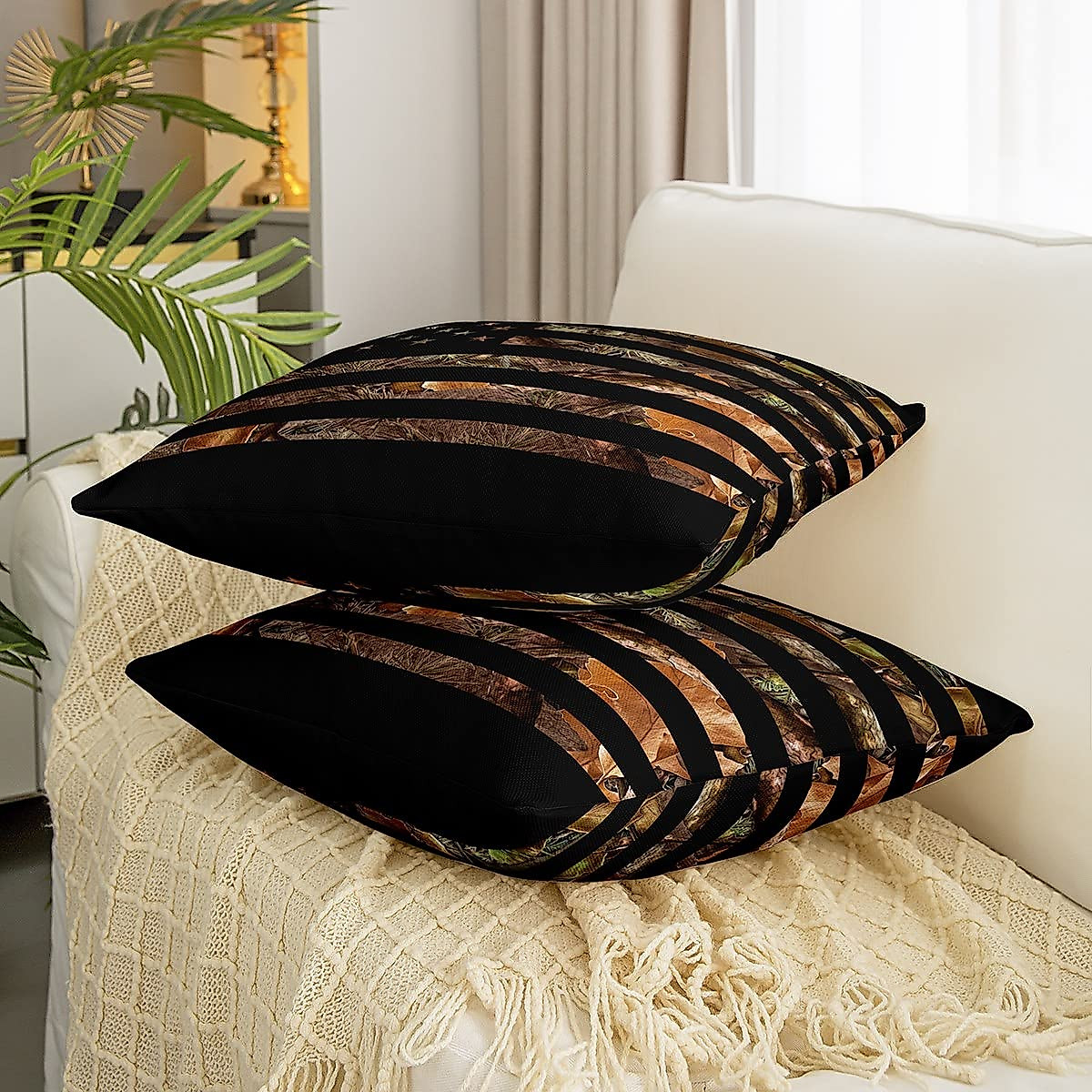 Set of 2 American Flag Camo Throw Pillow covers 18x18, Military Hunting Pillow covers, Rustic Tree Leaves Camouflage Cushion cases, Nature Branches Decorative Pillow covers for Boys, Black Brown