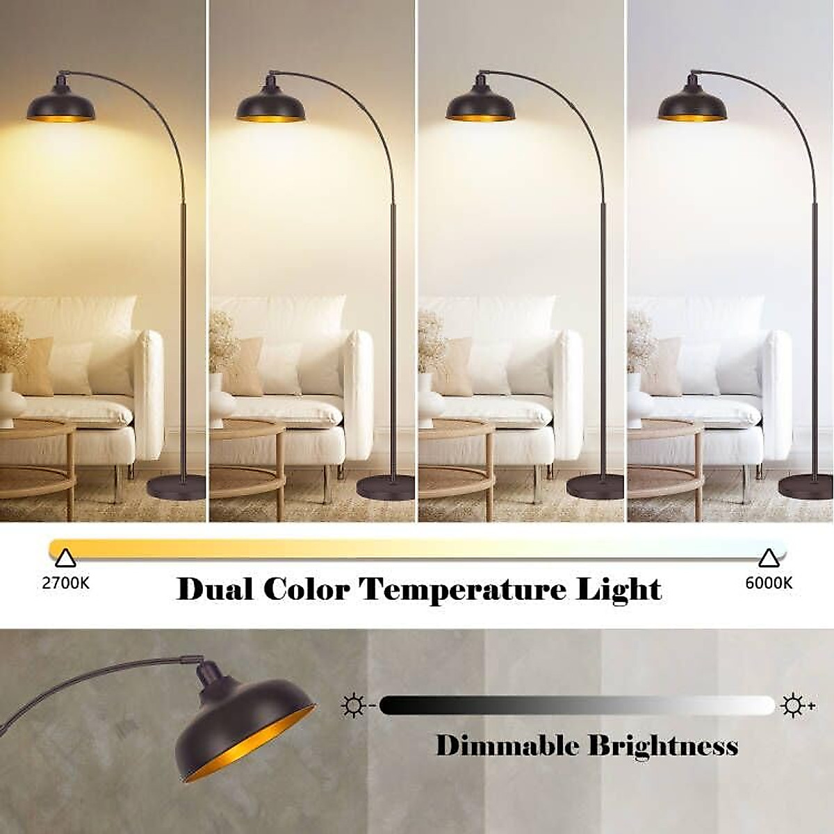 Arc Floor Lamps Bronze, Standing Lamps for Living Room with Remote Control, Foot Switch, Metal Shade, Arched Floor Lamp with Stepless Dimmable LED Bulb, Brown Floor Reading Tall Lamp for Bedroom