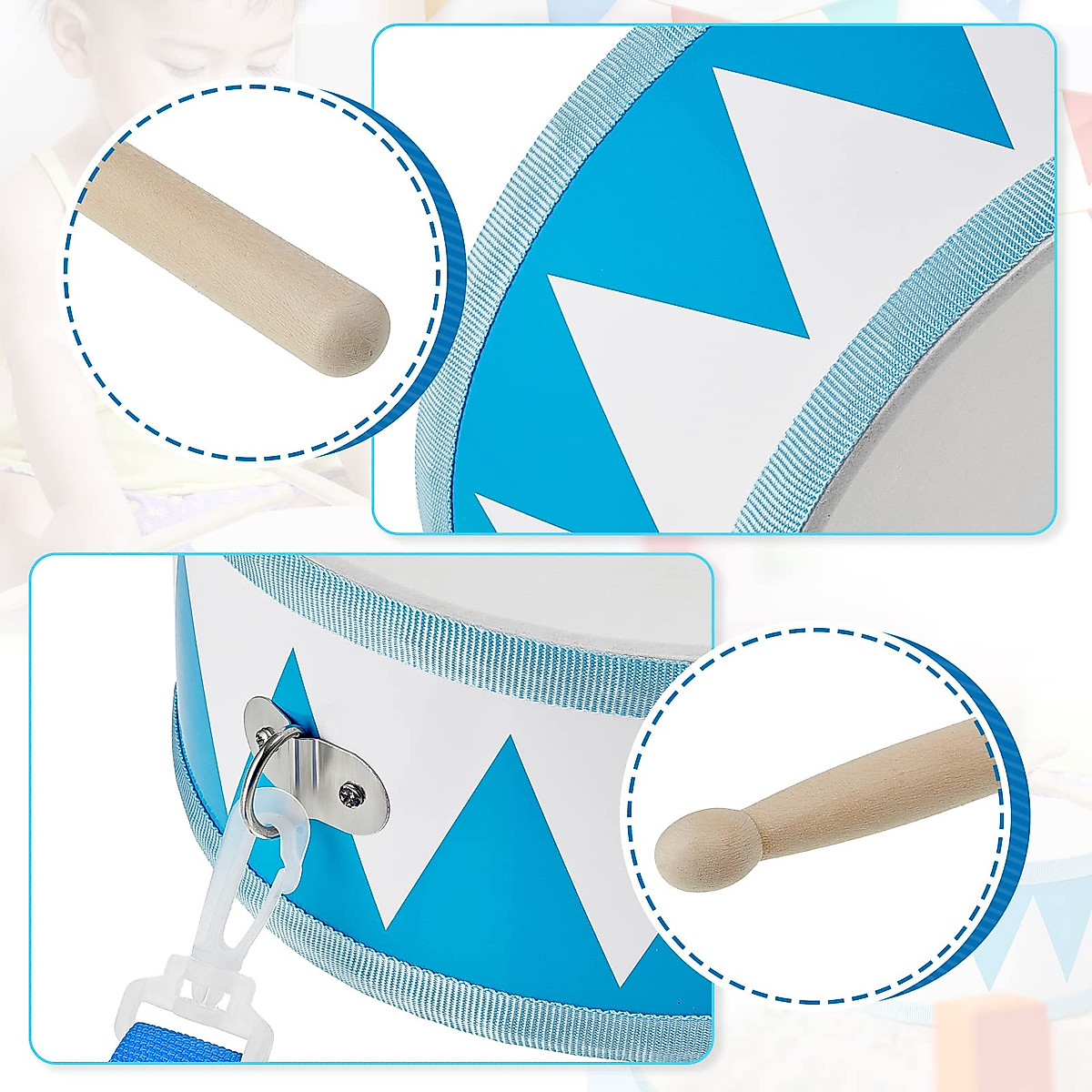 Kids Drum Set 7.87 in Wooden Toy Drum with Adjustable Strap 2 Drumsticks Educational Sensory Musical Instrument Drum Set for Toddlers Kids Baby Toy Gift (Blue Triangle Style)