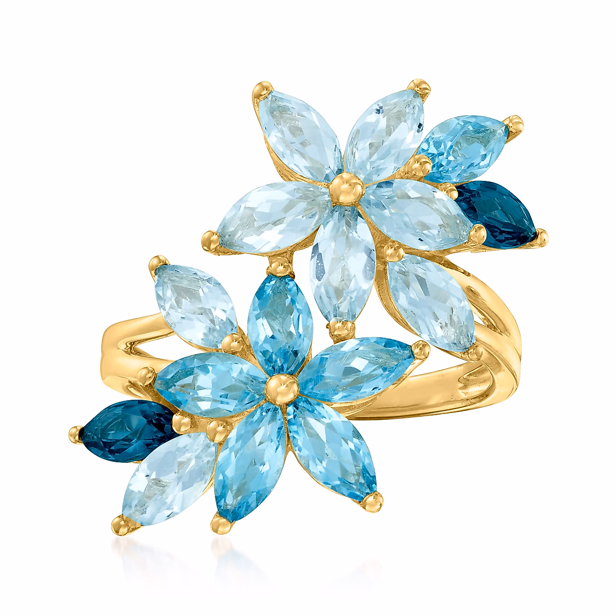 Ross-Simons 3.70 ct. t.w. Tonal Blue Topaz Floral Ring in 18kt Gold Over Sterling. Size 7
