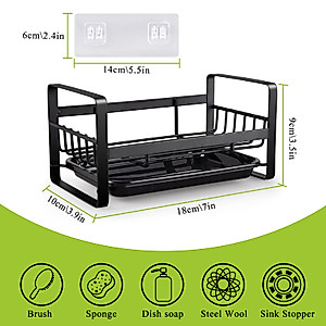 HONZUEN Sponge Holder for Kitchen Sink Caddy Organizer Stainless Steel with Drain Pan, Adhesive Metal Dishwash Sponge Holder Basket Countertop Stand Rustproof Durable for Srubber Brush (Matte Black)