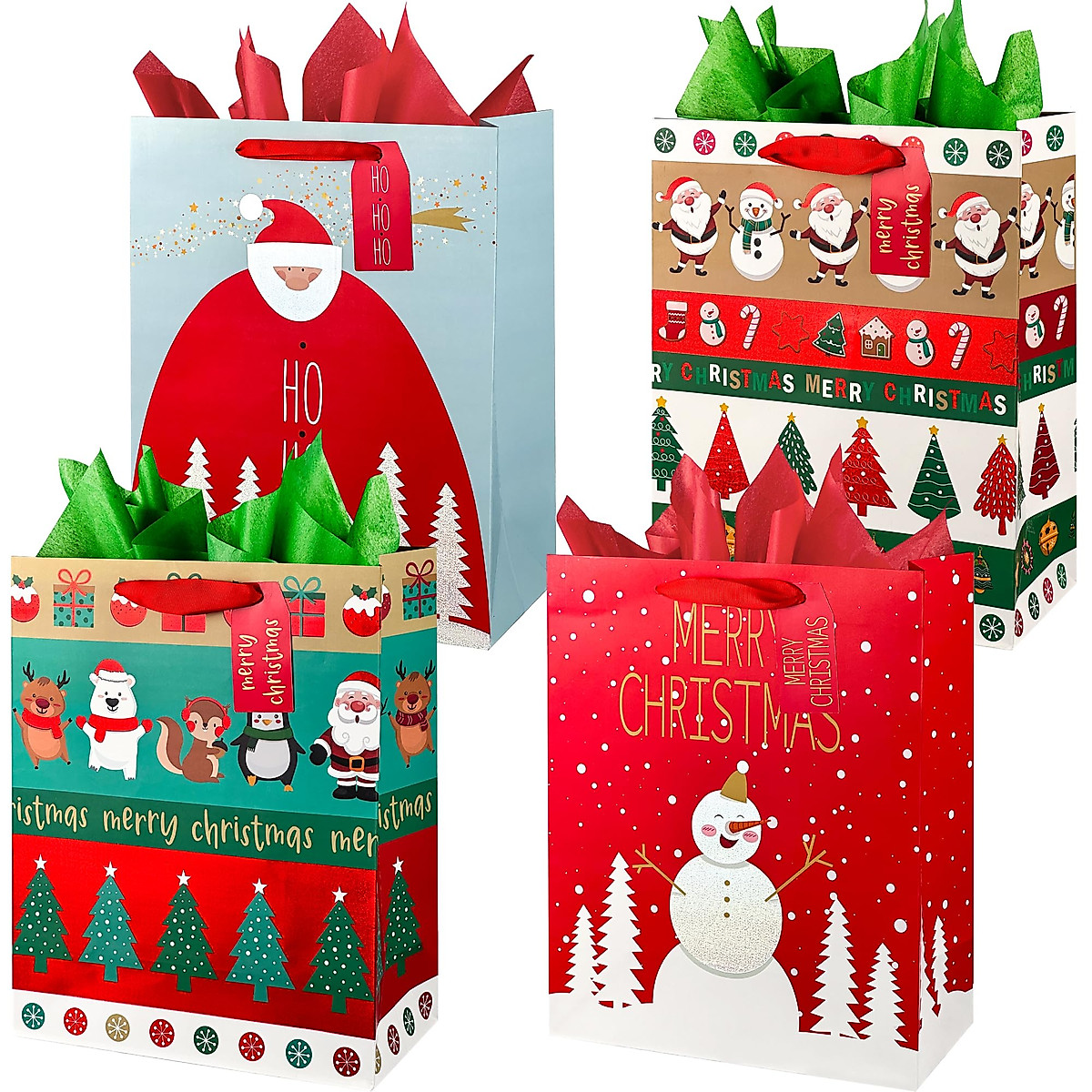 SPERPAND 12Pcs Large Christmas Gift Bags with Tissues, Reusable Treat Bags with Handles, Tote Goodie Bags and Holiday Gift Bags Bulk for Xmas Gifts Decorations