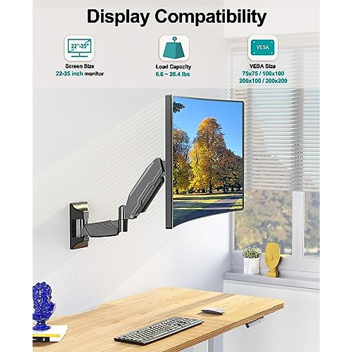 MOUNT PRO Monitor Wall Mount for Max 35 Inch/26.4lbs Ultrawide Computer Screen, Premium Heavy Duty Single Monitor Arm, Full Motion Wall Monitor Mount with VESA Extension Kit, Max VESA 200x200mm