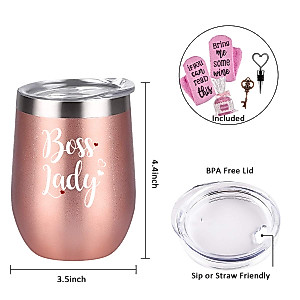 Boss Lady Wine Tumbler Cupcake Wine Socks Set, Bosses Day Christmas Gifts for Women Boss Female Friends Mom, 12 Oz Insulated Stainless Steel WineTumbler with Lid, Socks, Opener, Stopper, Rose Gold
