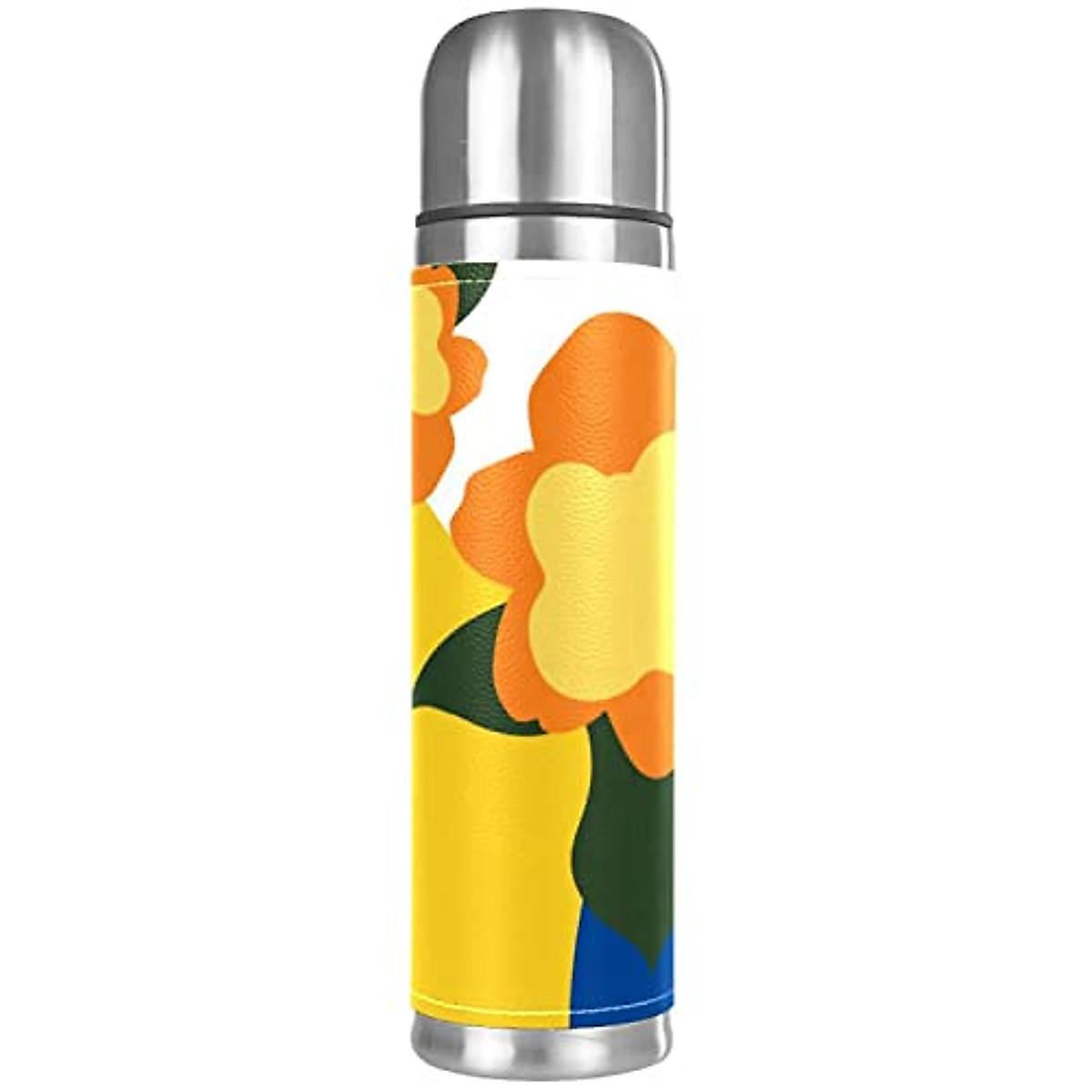Stainless Steel Leather Vacuum Insulated Mug Flowers Thermos Water Bottle for Hot and Cold Drinks Kids Adults 16 Oz