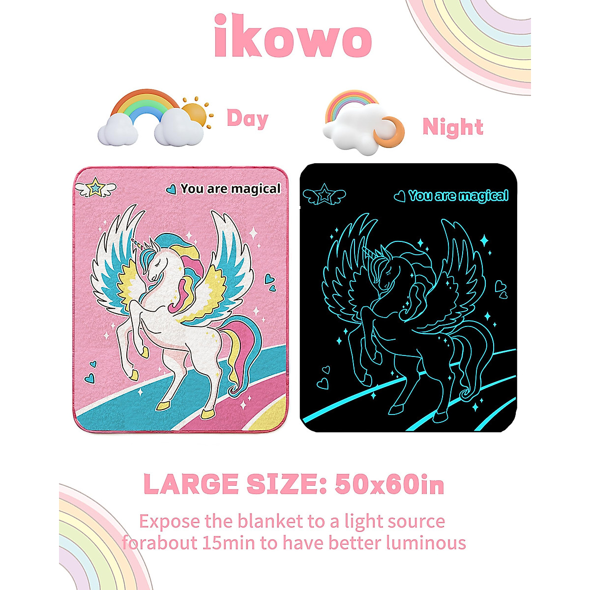 Ikowo Glow in The Dark Unicorn Blanket, Unicorn Gifts for 2 3 4 5 6 7 8 9 10 Year Old Girl, Soft Pink Unicorn Throw Blanket Birthday Easter Toys for Girls Age 6-8, 50'' x 60''