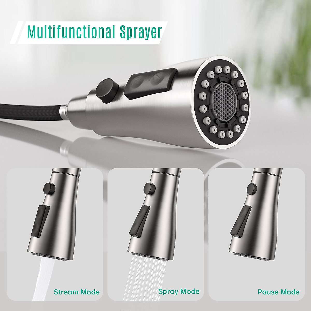 BASDEHEN Single Handle High Arc Brushed Nickel Pull Out Kitchen Faucet, Single Level Stainless Steel Kitchen Sink Faucet with Pull Down Sprayer and 10 Inch Deck (Brushed Nickel)