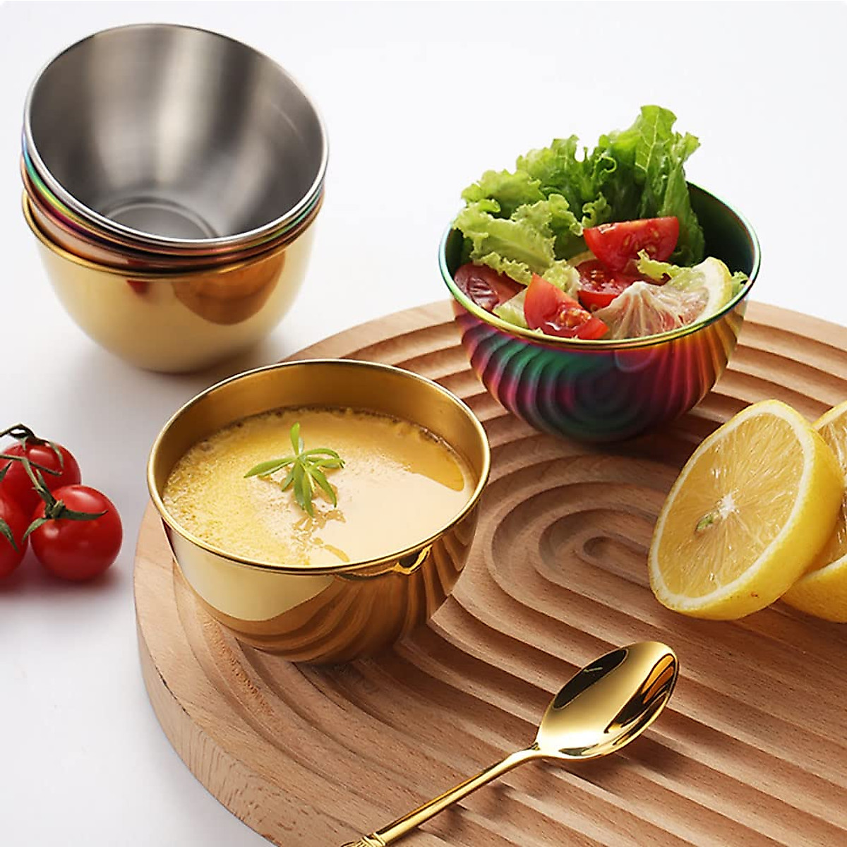 18/8 Stainless Steel Condiments Side Sauces Dishes Cereal Dessert Ice Cream Appetizer Bowls and Spoons Small Gold Serving Suace Cups for Kitchen Mini Dessert Cups