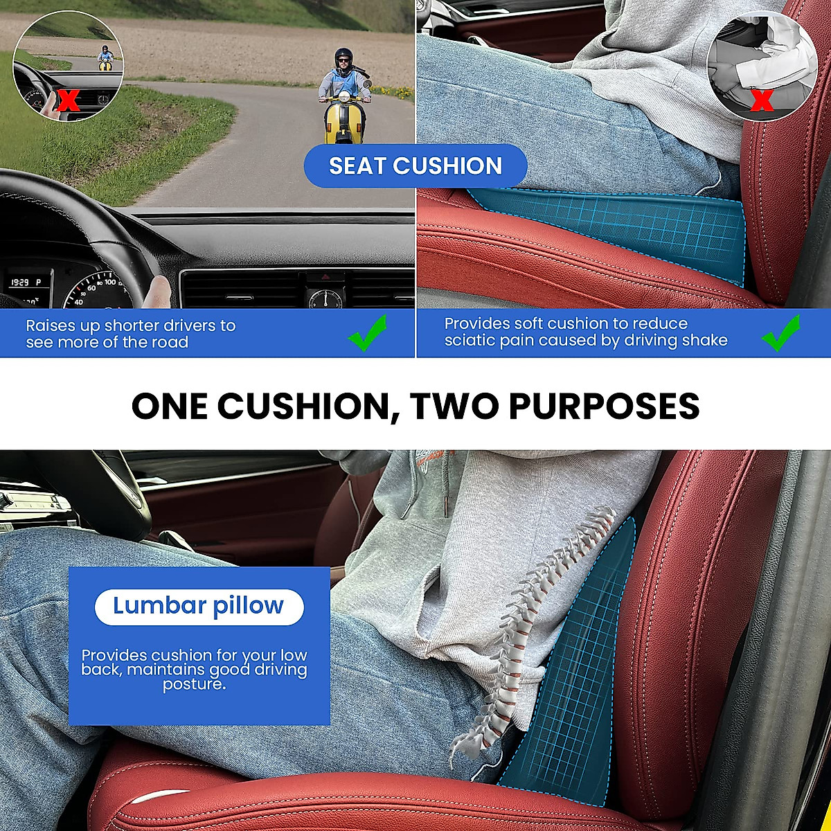 au-kee Car Seat Cushion Memory Foam Lower Back Lumbar Pad Pain Relief for Driving Black 1PC