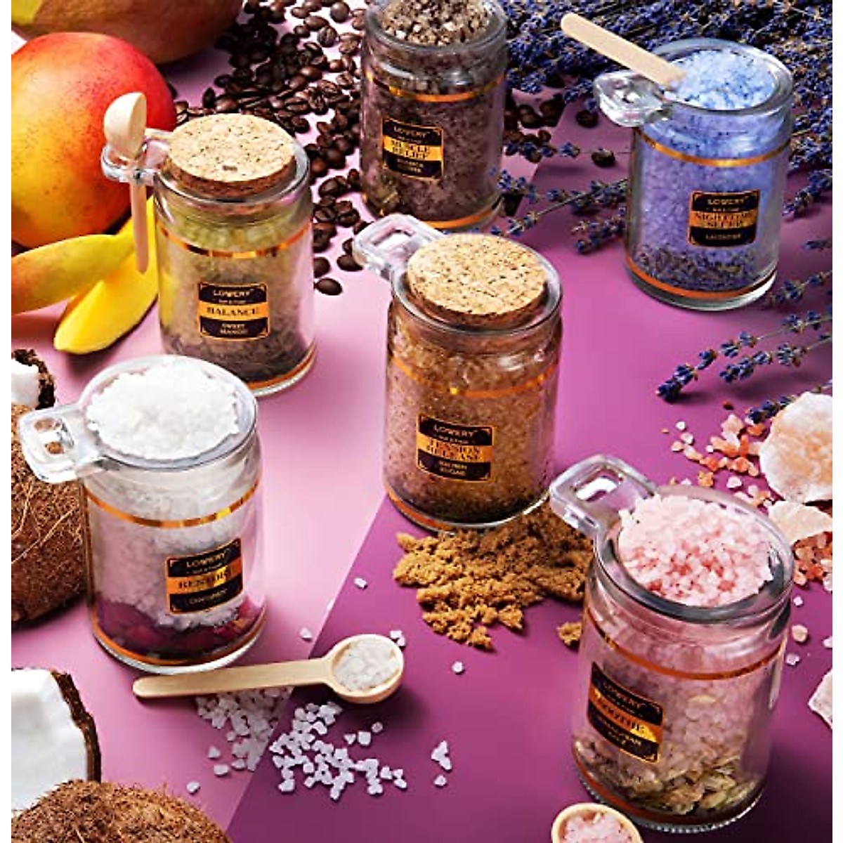 Bath Salts Gift Set with Lavender, Arabica Coffee, Mango, Sugar, Himalayan & Coconut, 6pc Bath Soaks, Relaxing Spa Salt with Essential Oils, Vitamin E, Jojoba Oil, Shea Butter, Fresh Herbs