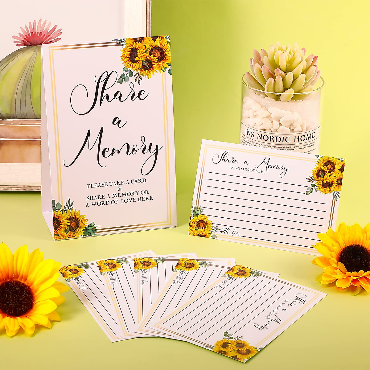50 Pcs Sunflower Share a Memory Cards Sunflower in Memory Cards Sign Place Cards Seating Place Cards for Celebration of Life Decorations Wedding Funeral Bridal Shower Birthday Anniversary(Black Font)