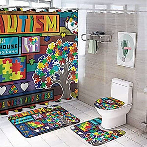 Autism Awareness 4-Piece Shower Curtain Set, Shower Curtain, Non-Slip Carpet, Toilet Lid and Bath Mat, It Looks Durable and Waterproof, Suitable for Overall Bathroom Decoration