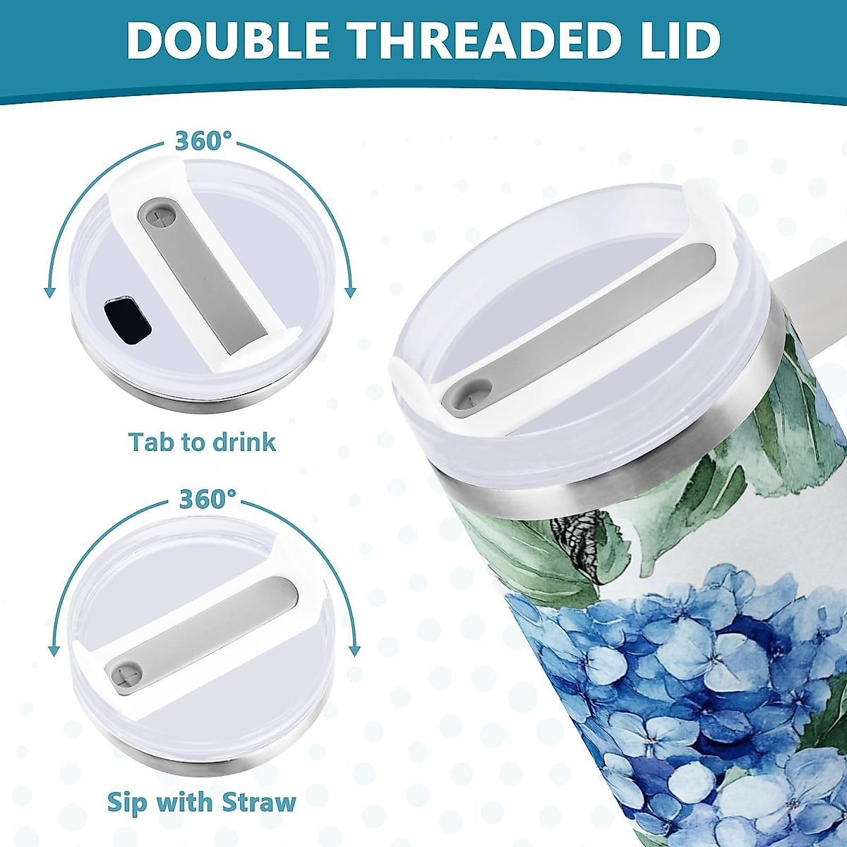 ALAZA Blue Hydrangea Flowers Bird 40 oz Tumbler Water Bottle with Straw Lid and Handle,Reusable Insulated Stainless Steel Cup for Women Men Travel Car Cup Holder