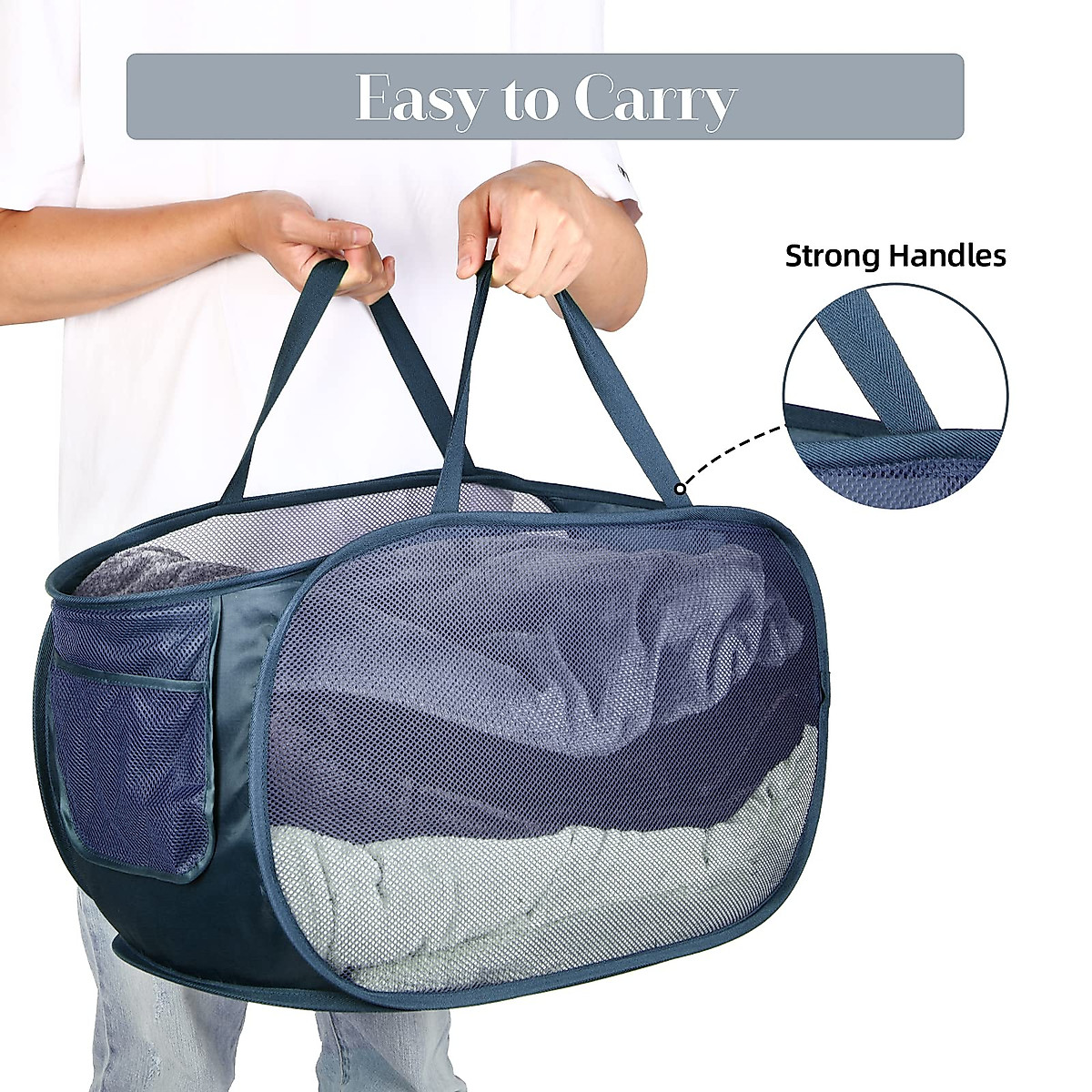 2 Pack Collapsible Laundry Baskets - Foldable Clothes Hampers for Laundry - Sturdy Pop Up Laundry Hampers for Home, Bedroom, Dorm, Kids Room, Travel Navy