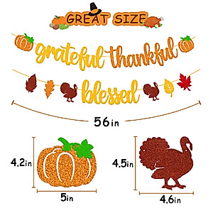 Grateful Thankful Blessed Banner Fall Autumn Leaves Turkey Thanksgiving Day Theme for Happy Thanksgiving Party Supplies Glitter Gold Decorations