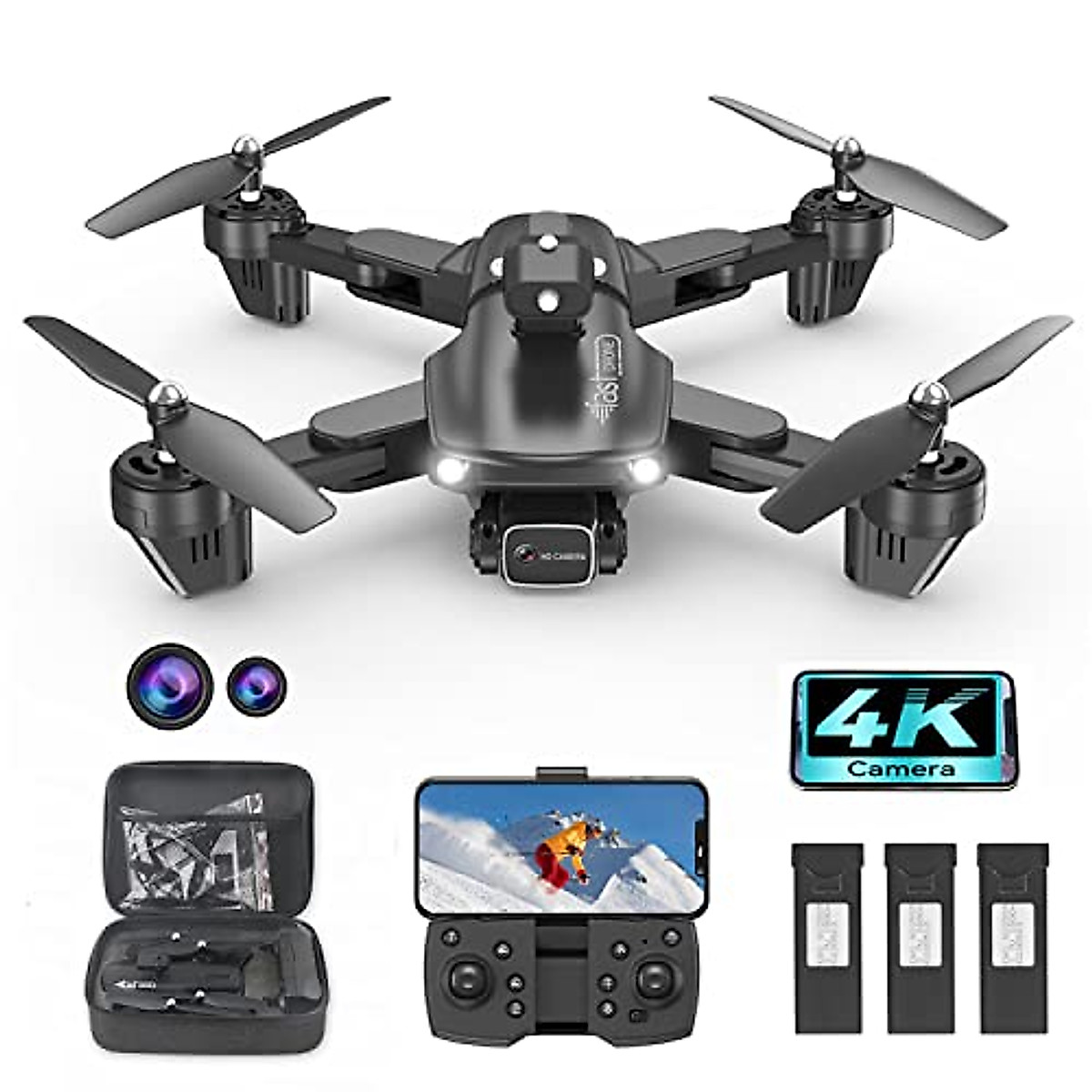 2023 Foldable FPV Drone with Adjustable 4K HD 2.4G WiFi Dual Camera,27MPH Speed,Lightweight RC Quadcopter for/Adults/Beginner/Kids,3 Batteries,Trajectory Flight,3D Flips,1 Key Fly/Land(black)