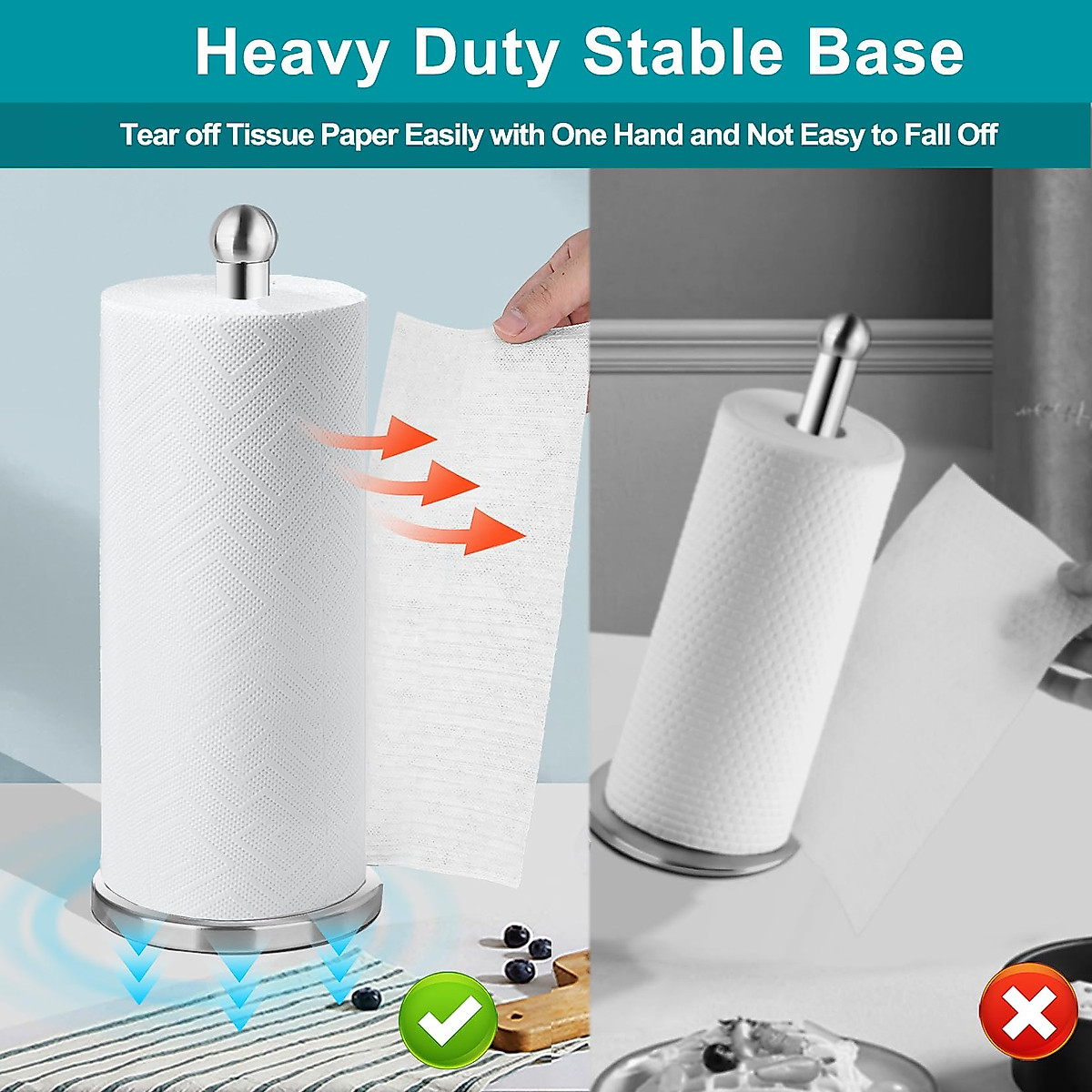 DAWNER Countertop Stainless Steel Paper Towel Holder Modern Stand Up, Easy One-Handed Tear Kitchen Paper Towel Dispenser with Heavy Base for Standard Paper Towel Rolls, Decorative Brushed Nickel