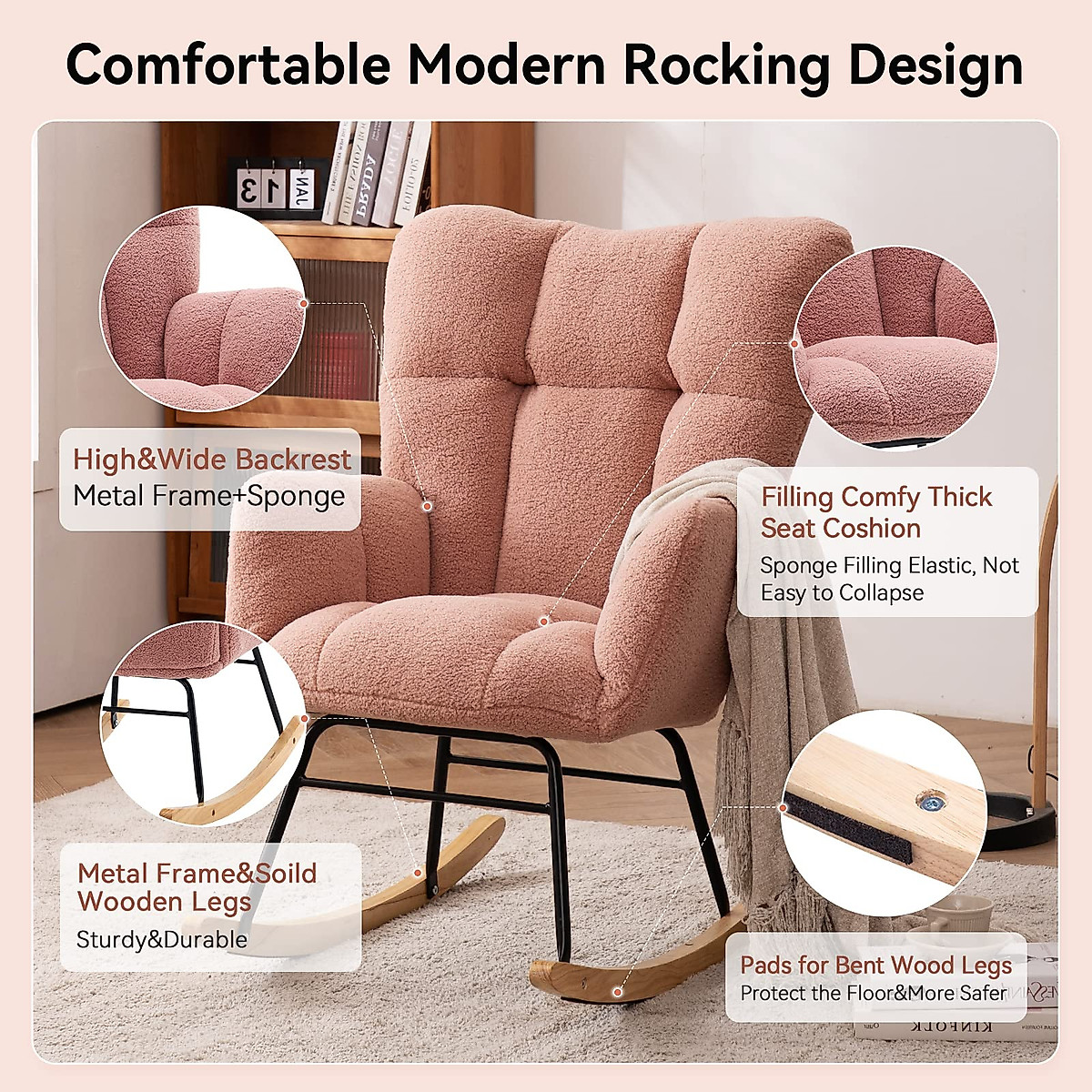 Nursery Rocking Chair Teddy Fabric Padded Seat with High Backrest and Armrest Accent Chair Upholstered Armchair Single Sofa Accent Glider Rocker for Living Room Bedroom Offices (Pink Teddy)