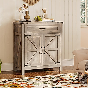 UPOSOJA Farmhouse Buffet Cabinet with Drawers, Barn Doors Buffet Storage Cabinet, Sideboard, Credenza with Adjustable Shelves for Kitchen, Dining Room, Living Room (Old Gray, 31.4in)