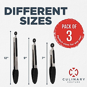 Silicone Kitchen Tongs for Cooking with Silicone Tips, Heat Resistant Tongs for Serving Food, 7-Inch, 9-Inch, 12-Inch Locking Silicone Tongs, Set of 3 Salad Tongs, Black Kitchen Utensils