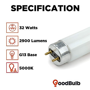 GoodBulb 48-Inch T8 Fluorescent Light Bulbs 32-Watt, 5000K Daylight White Color, 2900-Lumens, G13 Medium Bi-Pin Base (Pack of 25 Bulbs)