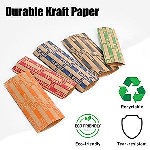 NATURALABEL 250 Assorted Flat Coin Wrappers, 50 Each of Quarters, Dollars, Dimes, Nickels, Pennies, Coin Striped Kraft Packing