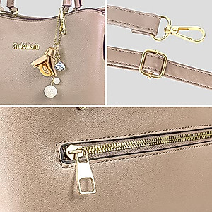 Satchel Purses and Handbags for Women, 3 Compartment Hand Bags with Charms, Pu Leather Ladies pocketbooks for women, Khaki
