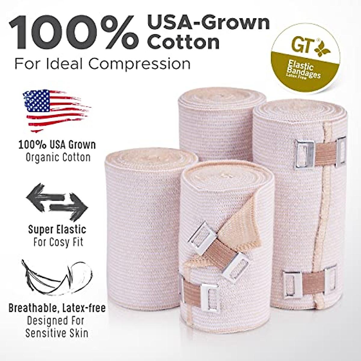 Premium Elastic Bandage Wraps (4" 2pack & 3" 2Pack) Metal Clip Fasteners - GT Latex Free Roll for Sprains & Injuries