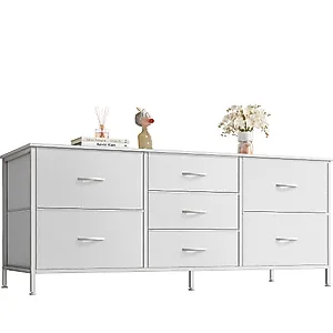Huuger Dresser with 7 Drawers, 47 Inch Dresser TV Stand for 43, 50, 55 Inch TV, Fabric Dresser Chest of Drawers, PU Leather, Metal Frame, Storage Dresser for Bedroom, Nursery, Clothing, White Dresser