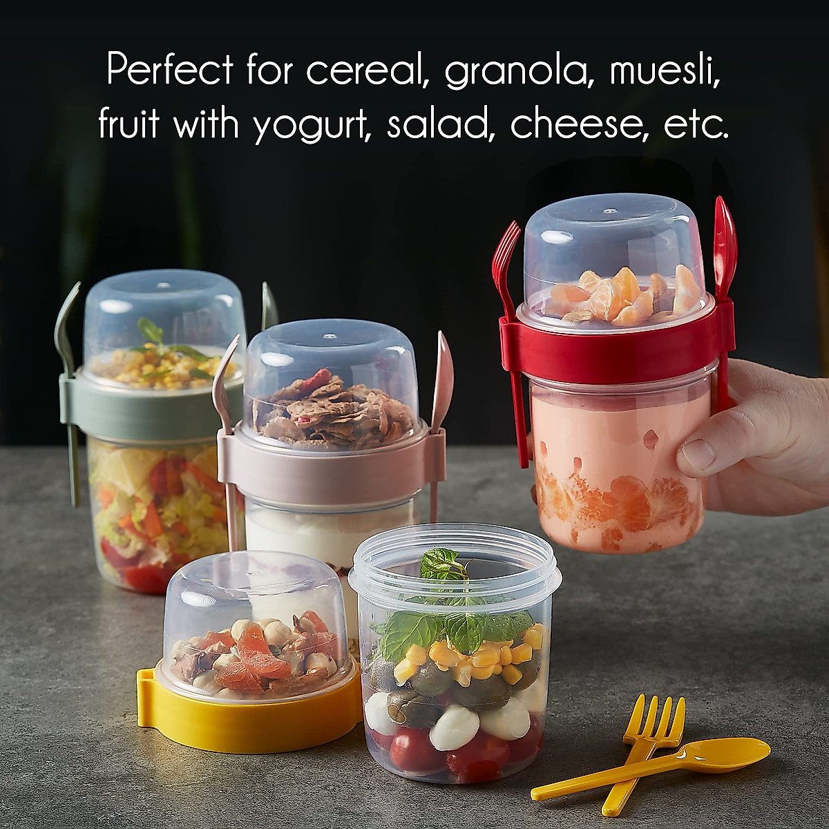 Crystalia Yogurt Parfait Cups with Lids, Large Breakfast On the Go Plastic Bowls with Topping Cereal Oatmeal Salad or Fruit Container with Spoon for Snack Box, Reusable Set of 4 (Large 22 oz)