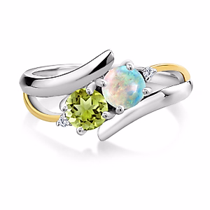 925 Sterling Silver and 10K Yellow Gold Round Cabochon White Simulated Opal Green Peridot and Lab Grown Diamond 2 Stone Crossover Ring For Women (1.07 Cttw, Available 5,6,7,8,9) (Size 9)
