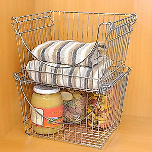 Smart Design Stacking Baskets with Handles - Set of 2 Large - Steel Metal Wire - Fruit Produce and Vegetable Safe Storage Bin Organizer - Pantry Counter Stand Rack - 12.5 x 8.5 Inch - Chrome