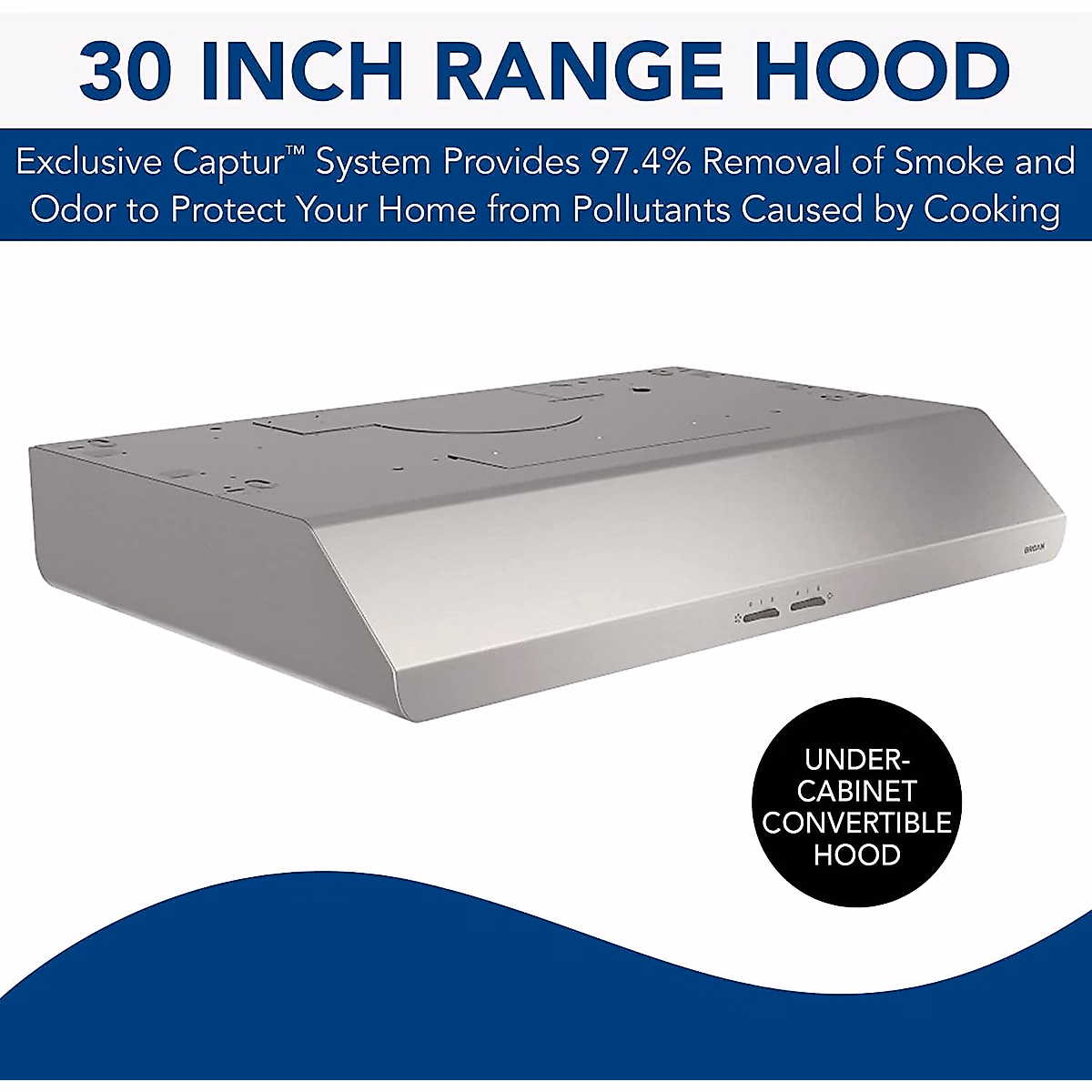 Broan-NuTone BKSH130SS Sahale 30-inch Under-Cabinet Easy Install 4-Way Convertible Range Hood with 2-Speed Exhaust Fan and Light, 300 Max Blower CFM, Stainless Steel