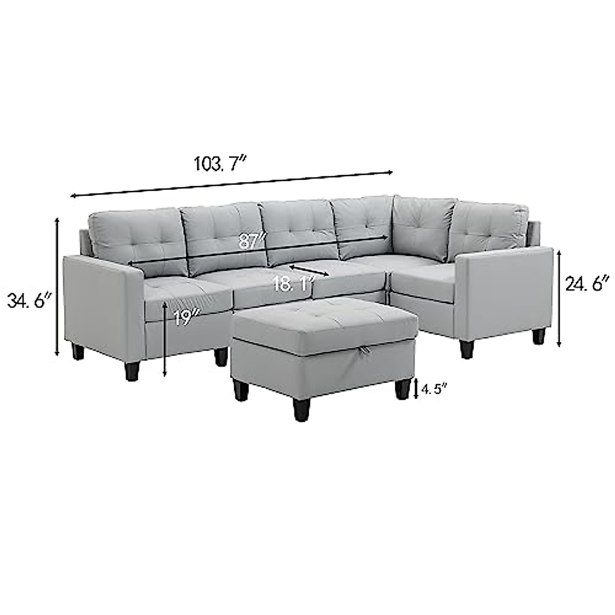 ERYE L-Shaped 5 Seaters Free Combined Couch for Home Apartment Office Living Room Set, Modular Corner Sectional Sofa with Cushions and Storage Ottoman,Easy to Assemble & Save Space, Gray PU