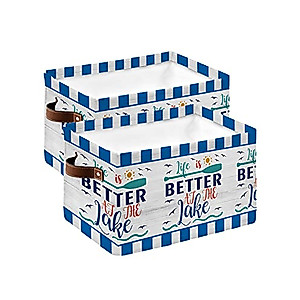 Storage Basket Summer Lake Quote and Seagull Storage Bin with Handles,Blue Stripe on Wooden Plank Collapsible Organizer Storage Cubes Bins for Closet,Laundry Clothes,Bathroom,Nursery Toys