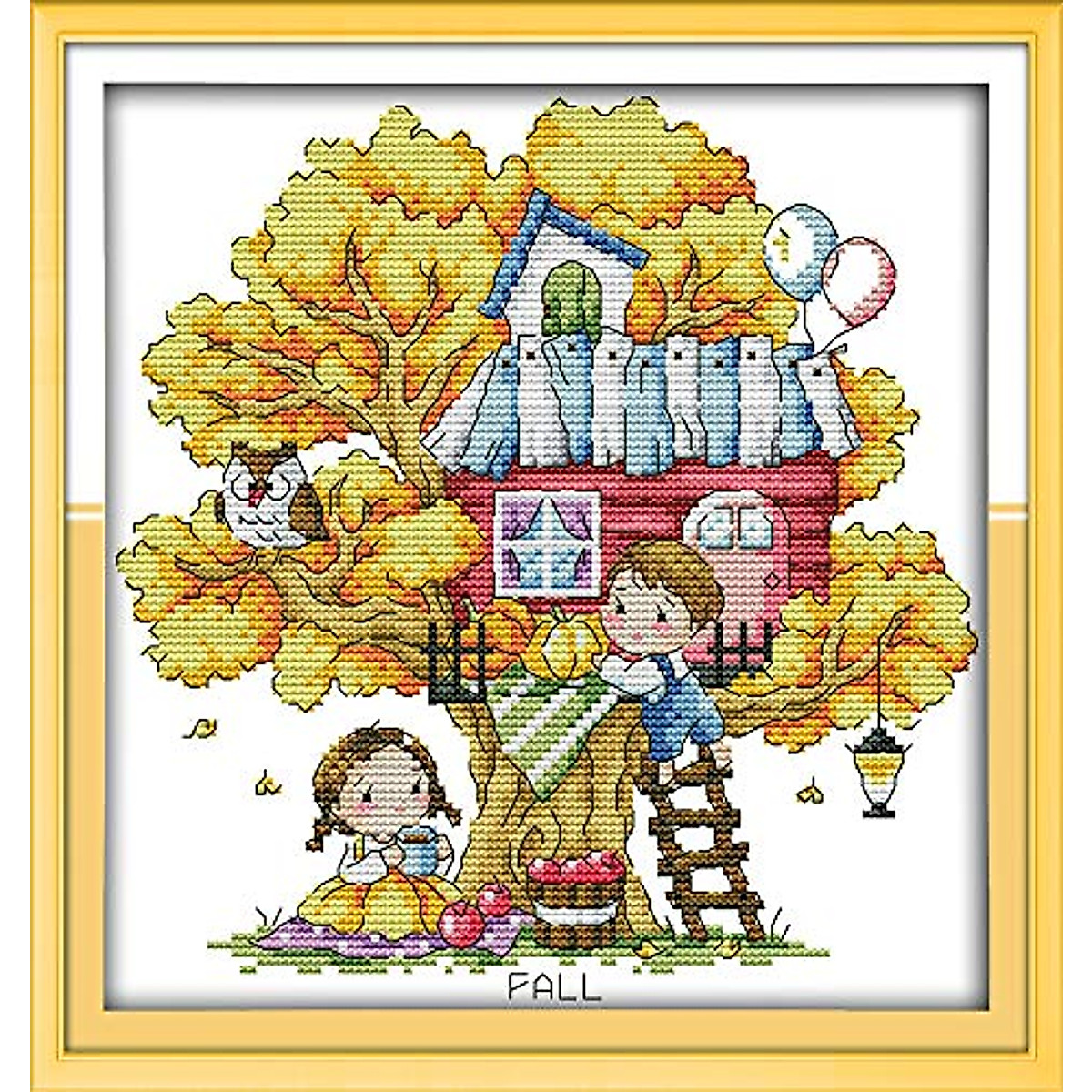CaptainCrafts Cross Stitch Kits Full Range Stamped and Counted Fabric DIY Art Needlecrafts Embroidery Kit for Adults Beginner (Stamped 14CT, Tree House Autumn)