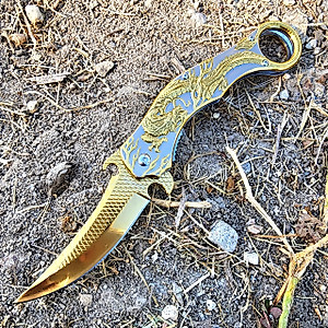 RAMBLADE Dragon folding knife with 440C stainless steel blade, 9.5 inches overall length, black handle (Gold)