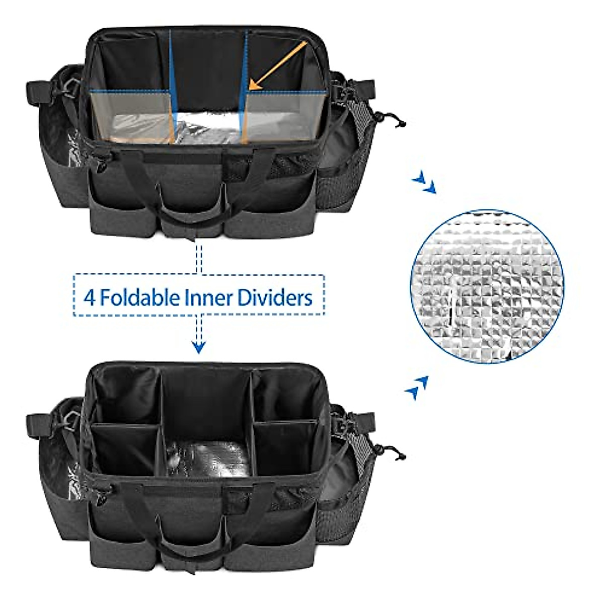 LoDrid Wearable Cleaning Caddy Bag with 4 Foldable Dividers, Cleaning Supply Tote for Cleaning Supplies, Cleaning Organizer with Shoulder Strap and Side Handles for Cleaners & Housekeepers, Black