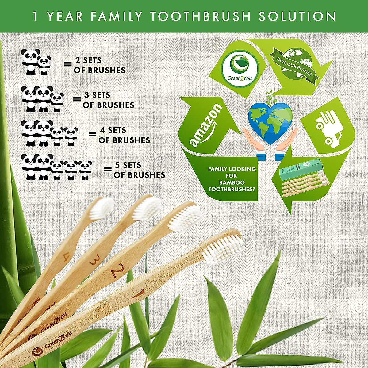 Green2You - Set of 4 Bamboo Toothbrushes