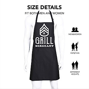 Ihopes Funny Black BBQ Apron for Men,Grill Sergeant Apron with 2 Pockets and Adjustable Neck Strap,Perfect Gifts for Birthday/Christmas/Thanksgiving, Large