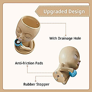 Face Planters Pots Head Planters for Outdoor Plants, Funny Cute Resin Coffee Girl Face Succulent Pots Planter Cactus Planter with Drainage Hole Closed Eyes for Indoor&Outdoor Planter (Style#477A1)
