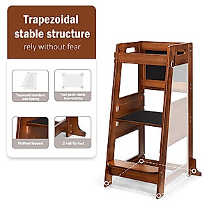 TOETOL Bamboo Toddler Step Stool Learning Kitchen Stool Standing Tower for Toddler Kitchen Counter Helper Stool 3 Height Adjustable with Activity Chalkboard and Whiteboard Message Boards,Non-Slip Mat