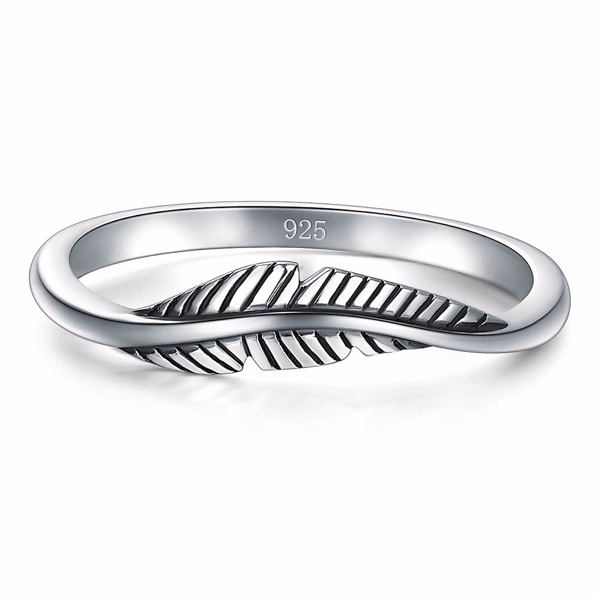 925 Sterling Silver Ring, BORUO Feather Ring Size 9
