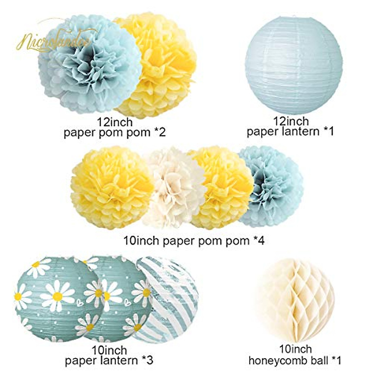 NICROLANDEE 12Pcs Yellow Blue Daisy Paper Lanterns Tissue Pom Poms Table Confetti 50G for Daisy Party, Boho First Birthday, Garden Party, Wedding, Baby Shower, Bridal Shower, Easter Decor