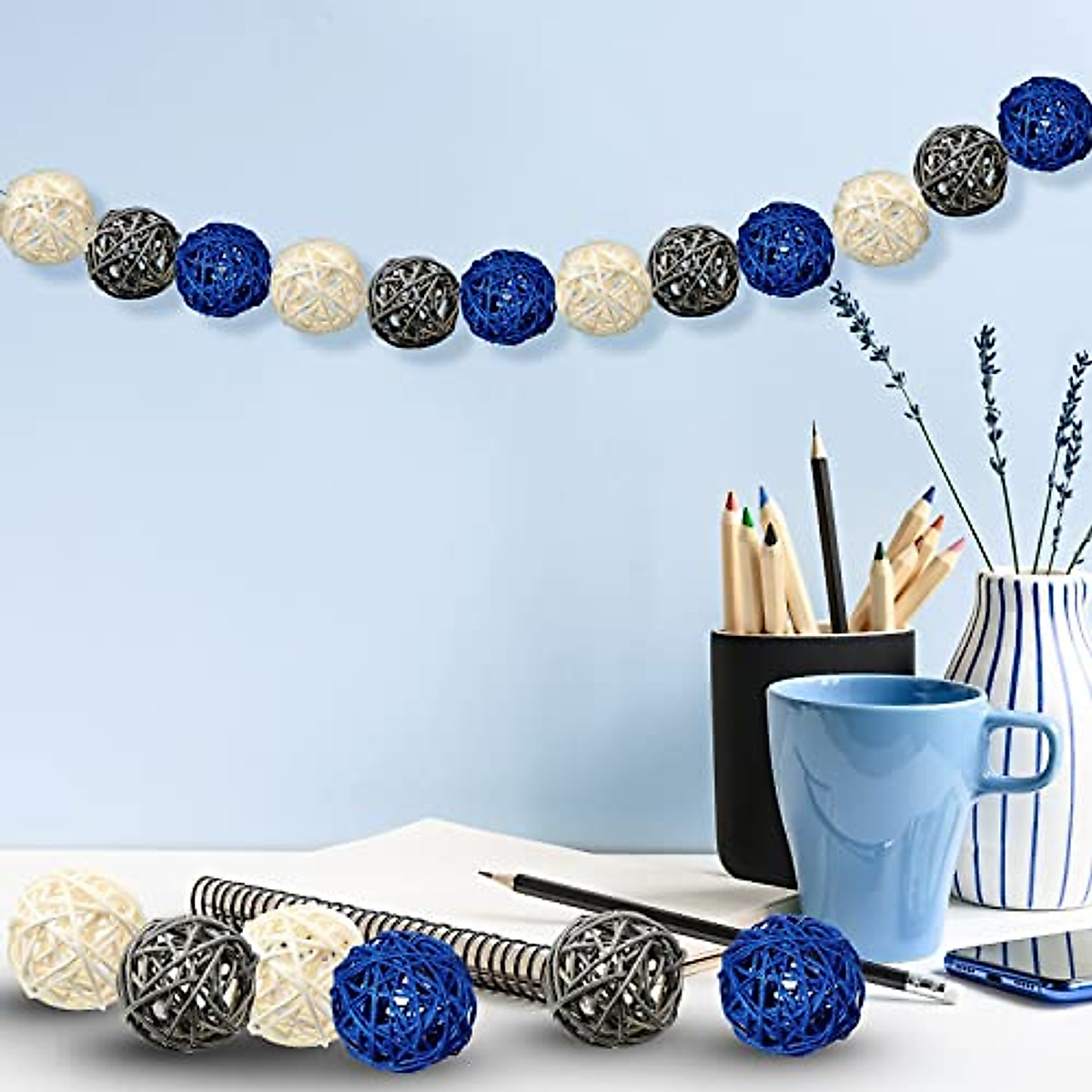 24 Pcs Rattan Balls 1.8 Inches Wicker Balls Orb Decorative Balls for Centerpiece Bowls Vase Fillers for Home Decor Glass Table Room Kitchen Aromatherapy Wedding Decorations, Dark Blue, Gray, White