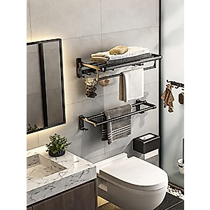 Bathroom Towel Rack, Foldable Towel Racks for Bathroom with 5 Sliding Towel Hooks, Drilling/Adhesive Towel Rack Wall Mounted for Rental/Restroom/Bedroom, Upgrade Wall Anchors, Rustproof, 24in